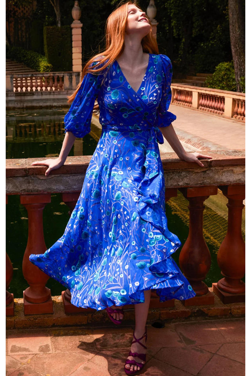 SACHA DRAKE Bowerbird Silk Wrap Dress - Periwinkle Poppy Cobalt – Smoke ...
